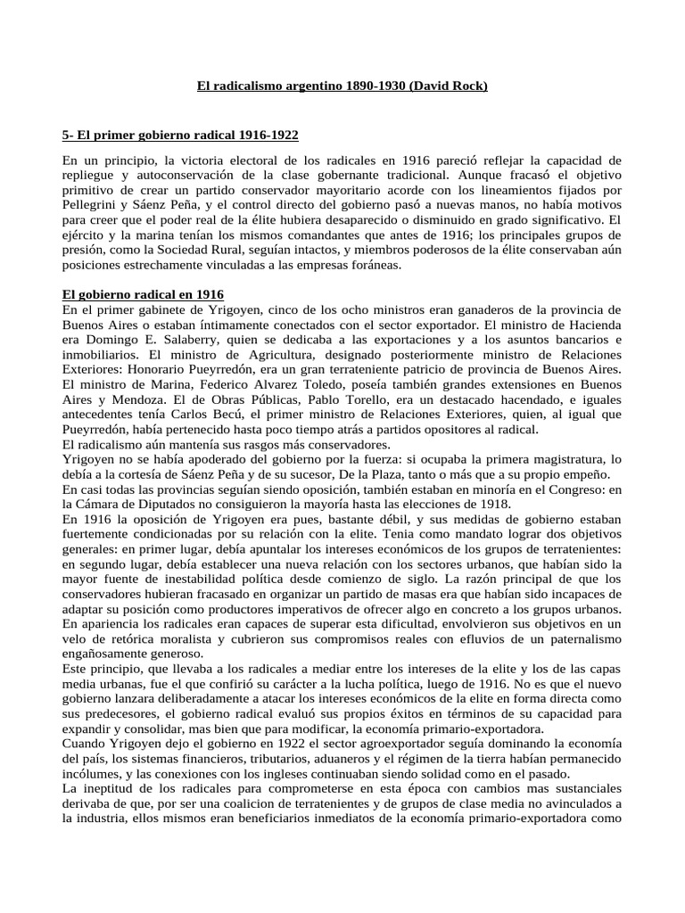 Resumen- El Radicalismo Argentino 1890- David Rock (107- 221) | PDF ...
