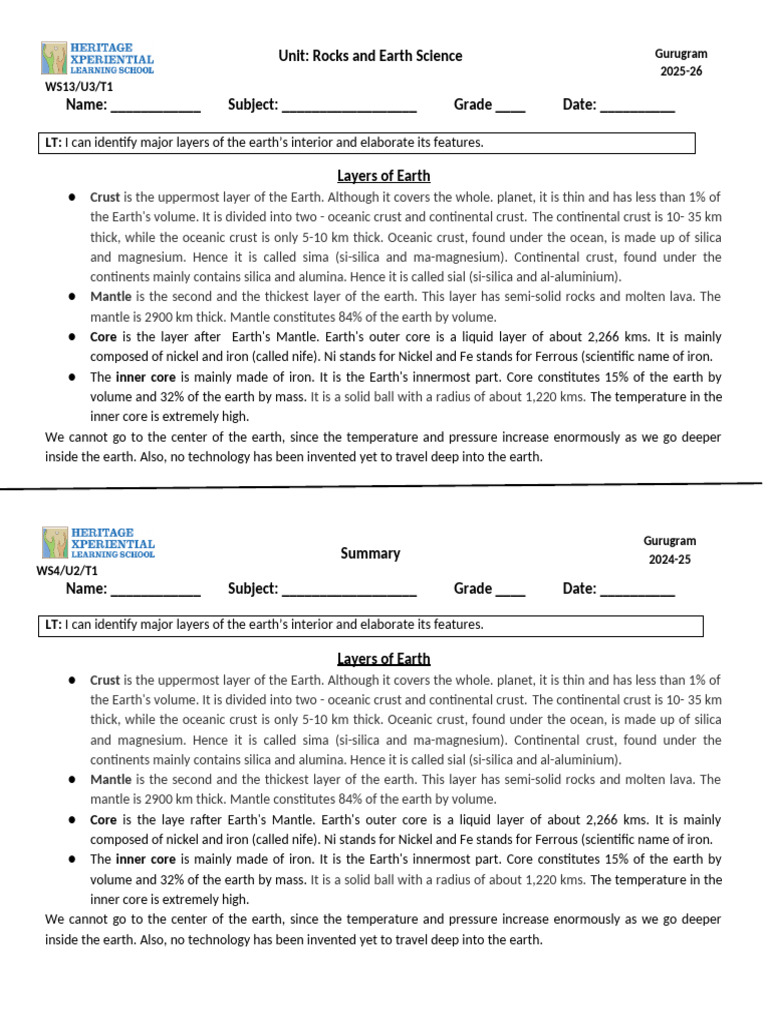 WS4 - U2 - T1 Summary Sheet Internal Structure of Earth | PDF | Earth ...