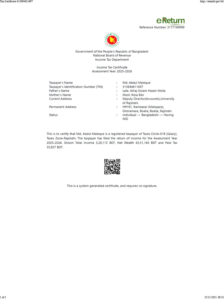 Income Tax Certificate for Md. Abdul Maleque | PDF | Taxpayer | Taxes