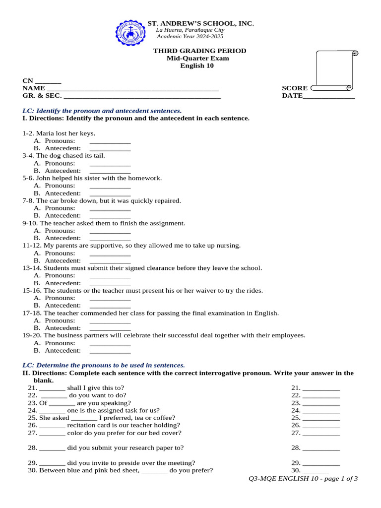 English 10 Mid-Quarter Exam Guide | PDF