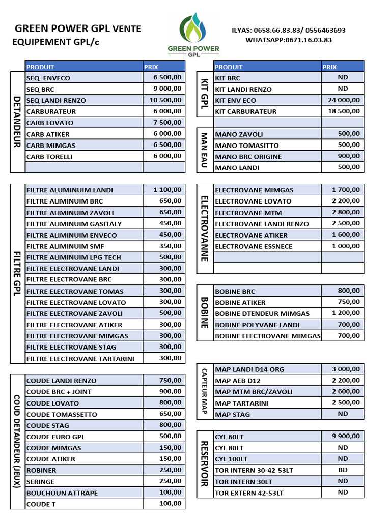Liste des prix des équipements GPL | PDF