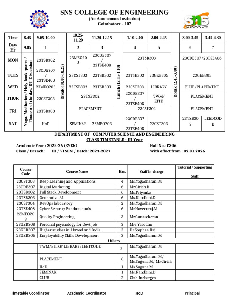III Year Computer Science Timetable 2025-26 | PDF