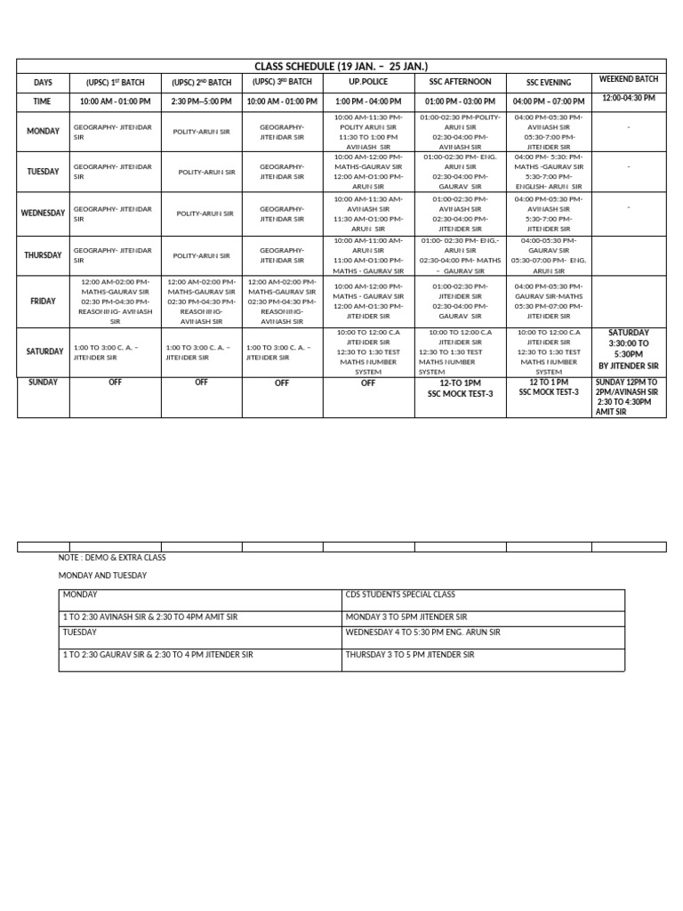 Weekly Class Schedule: Jan 19-25 | PDF