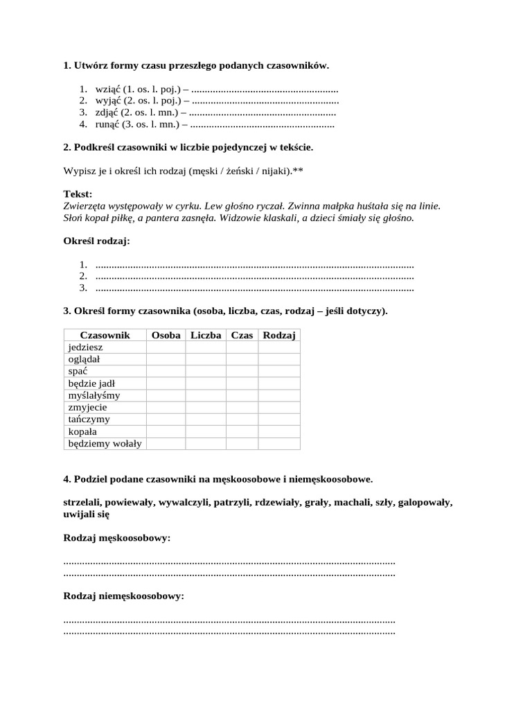 Czasownik Karta Pracy Dla Klasy 4 | PDF