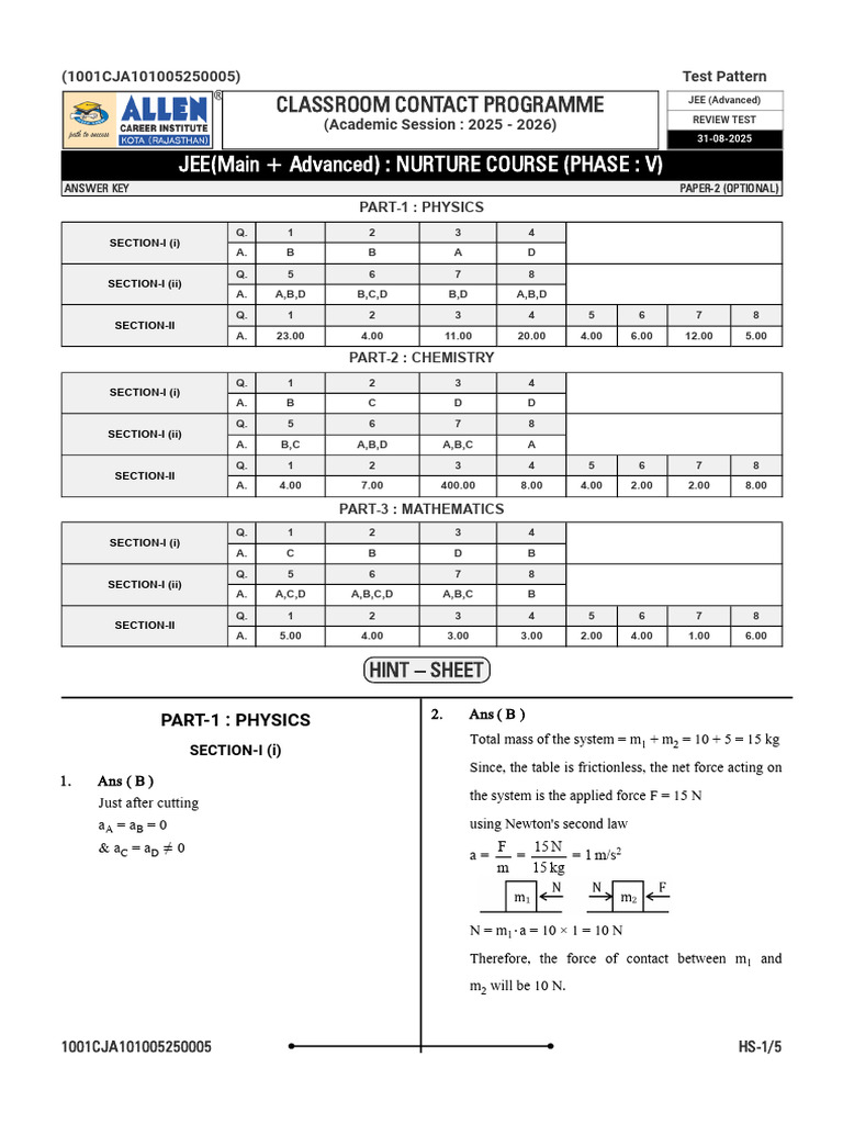 3108 Nurture Phase-V Answerkey Solution P (1) | PDF | Force | Applied ...