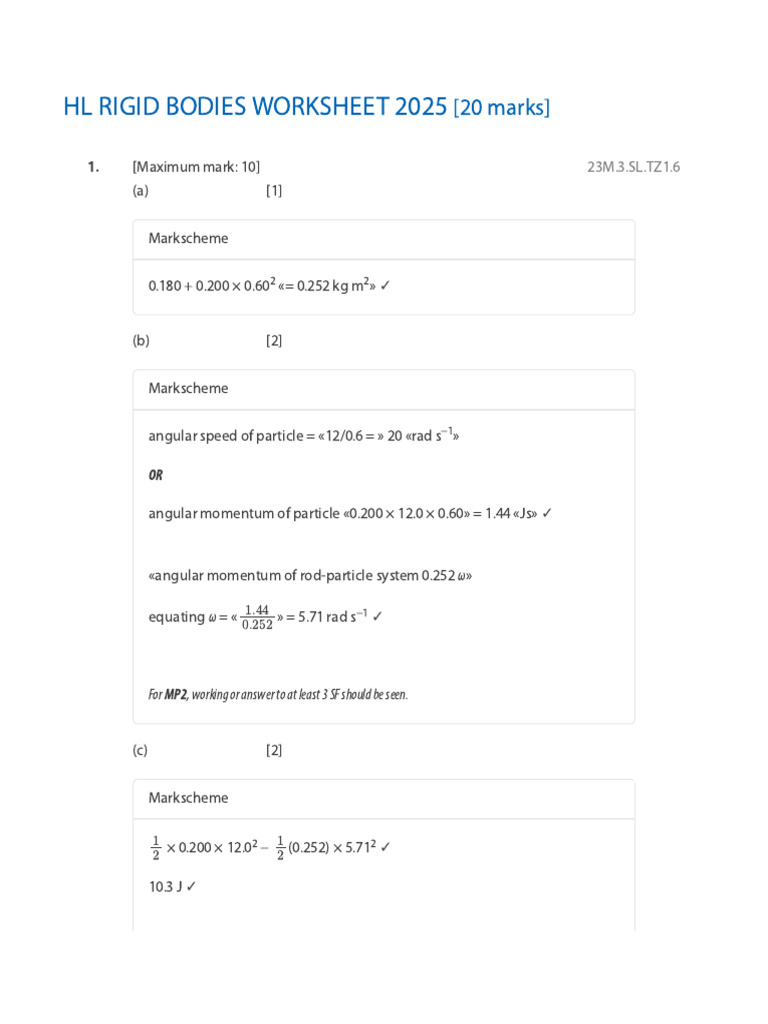 HL RIGID BODIES WORKSHEET 2025 MS | PDF | Angular Momentum | Momentum