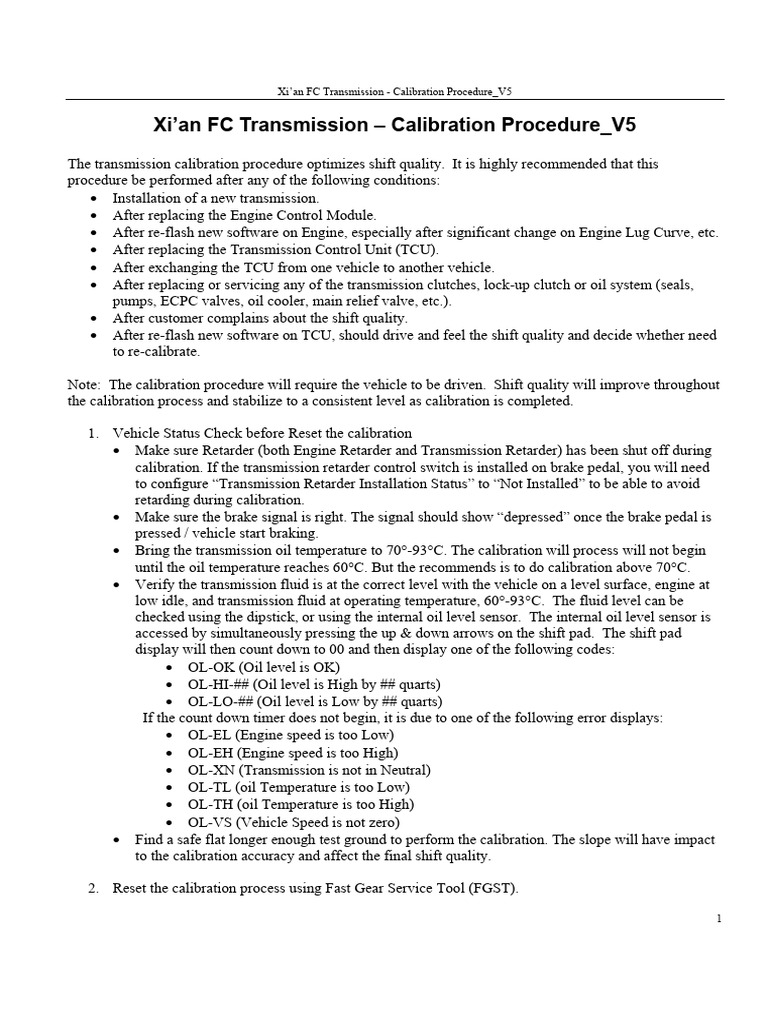 Xi’an FC Transmission Calibration Guide | PDF | Clutch | Mechanical ...