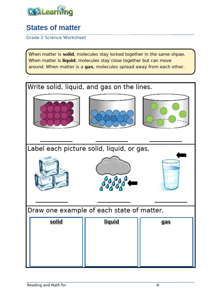States of Matter Worksheet for Grade 2 | PDF