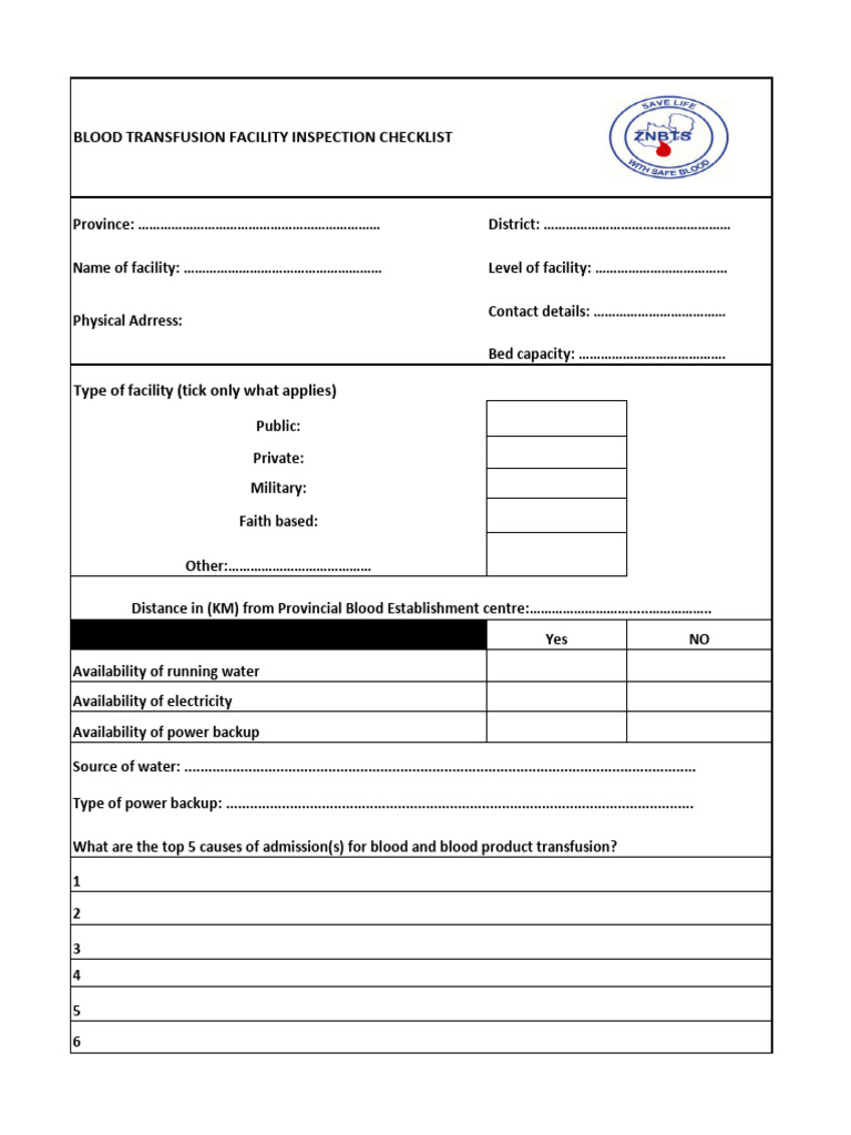 Blood Transfusion Facility Inspection Checklist | PDF | Blood Plasma ...