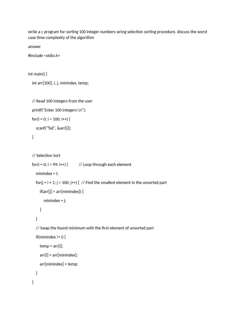 C Program for Selection Sort of 100 Integers | PDF