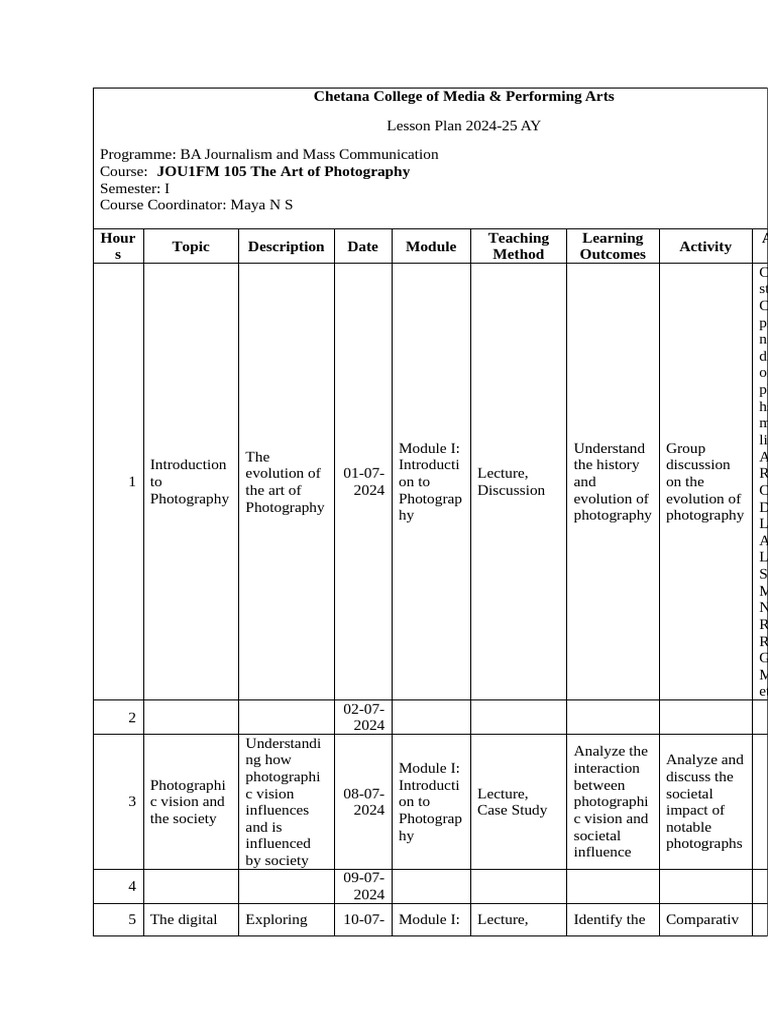 BA Journalism Photography Lesson Plan | PDF