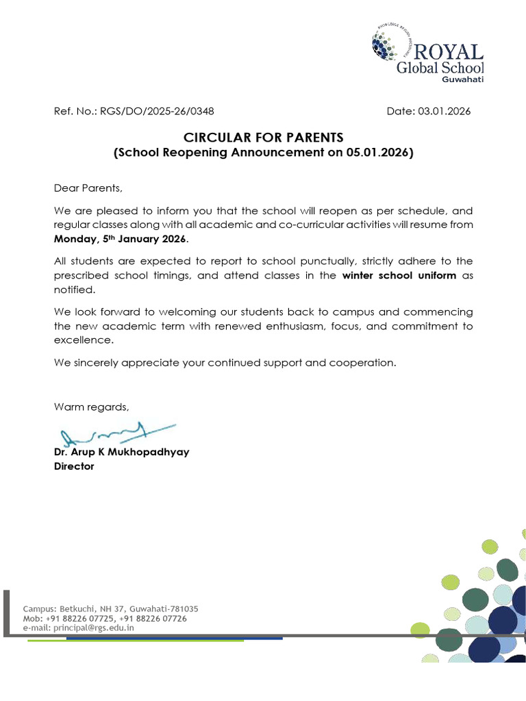 School Reopening Announcement for Parents | PDF