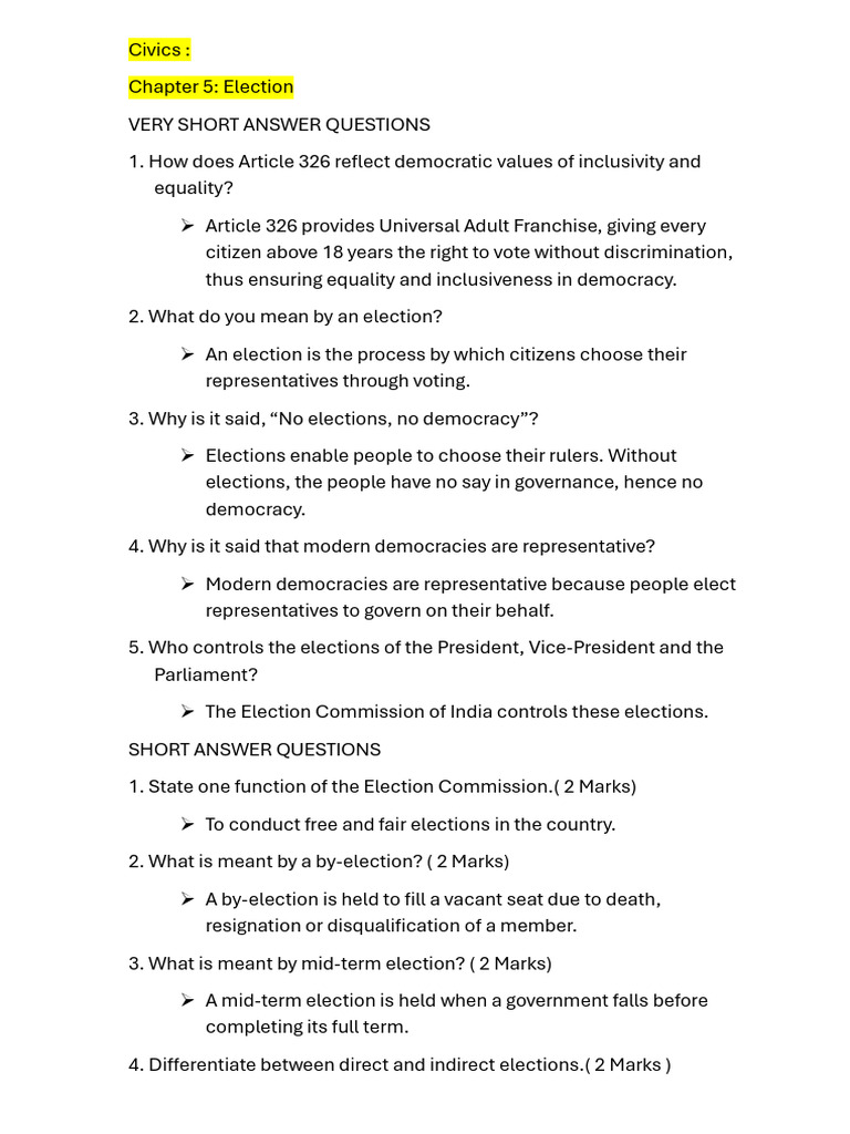 Chapter 5 Civics- Elections | PDF | Elections | Democracy