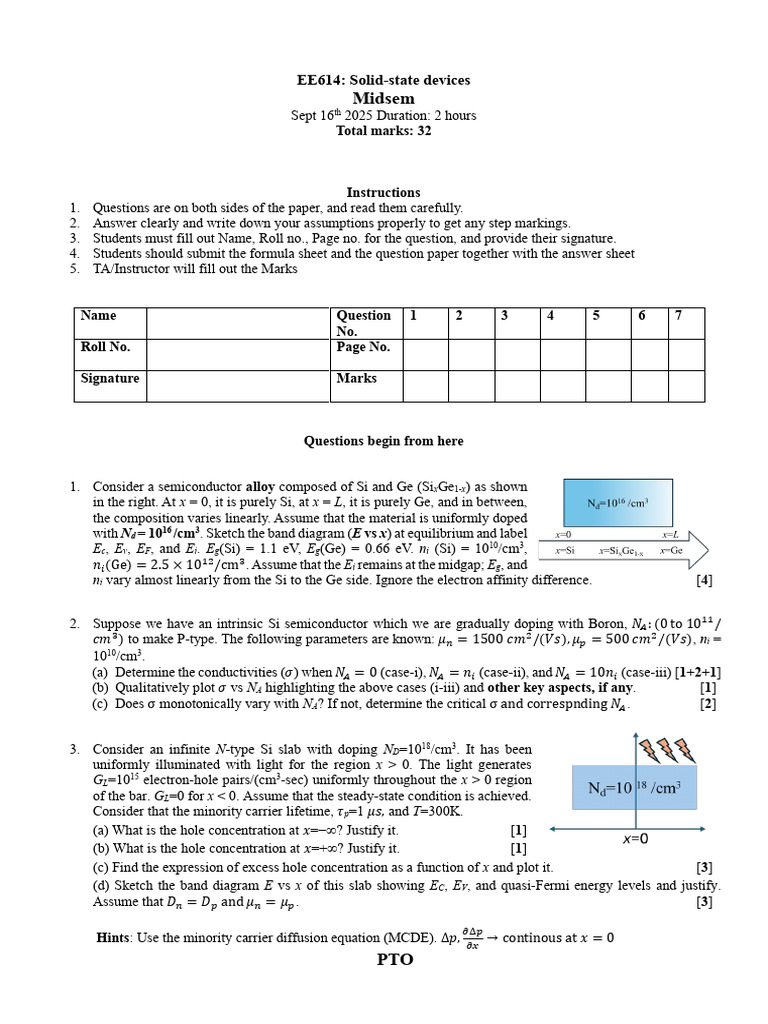 EE614 Solid-State Devices Midsem Exam | PDF | Doping (Semiconductor ...