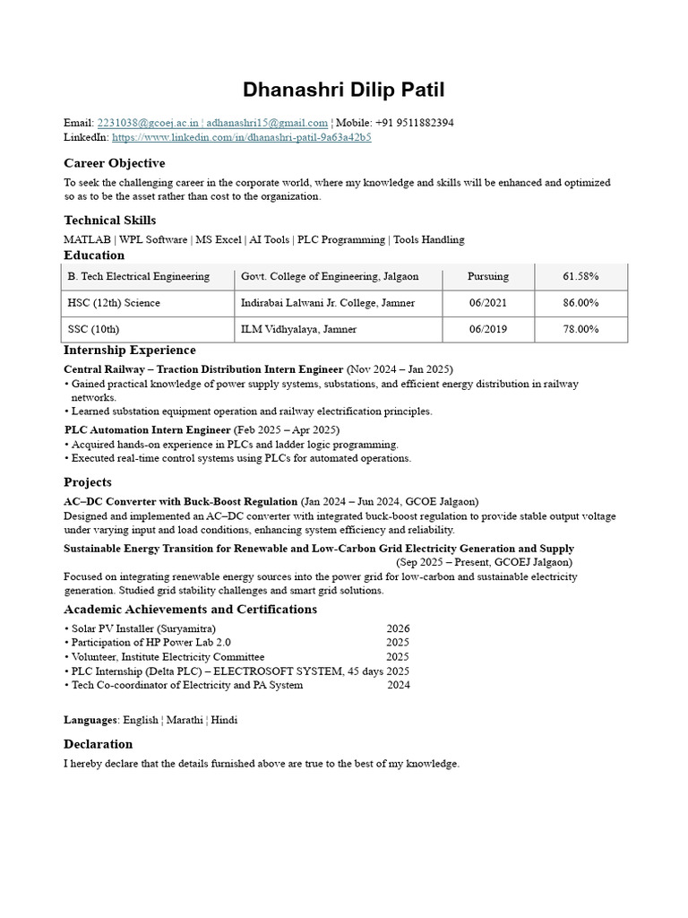 Dhanashri Patil Electrical Engineer | PDF | Programmable Logic ...