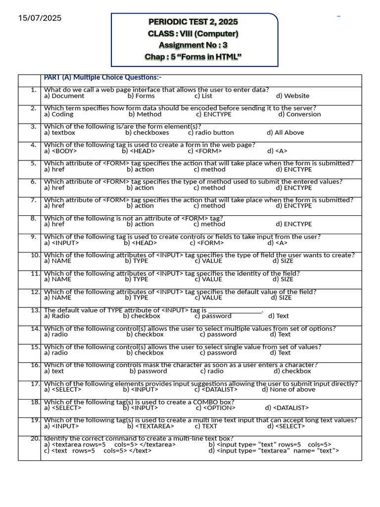 Viii Chapter 5 Forms in HTML Worksheet | PDF | Software | Computing