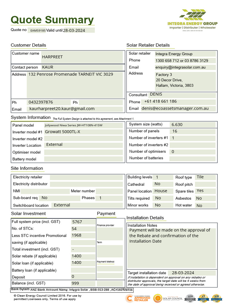 Eam 59185_harpreet Kaur_solar Pv Quote_2024 | PDF | Payments | Subcontractor