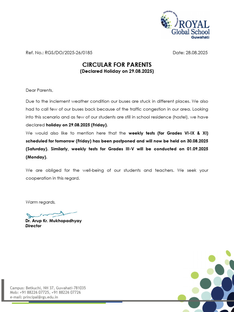 0185_Circular for Parents_Declared Holiday on 29.08.2025 | PDF