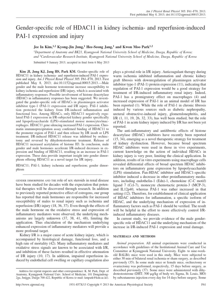 Kim Et Al 2013 Gender Specific Role of Hdac11 in Kidney Ischemia and ...