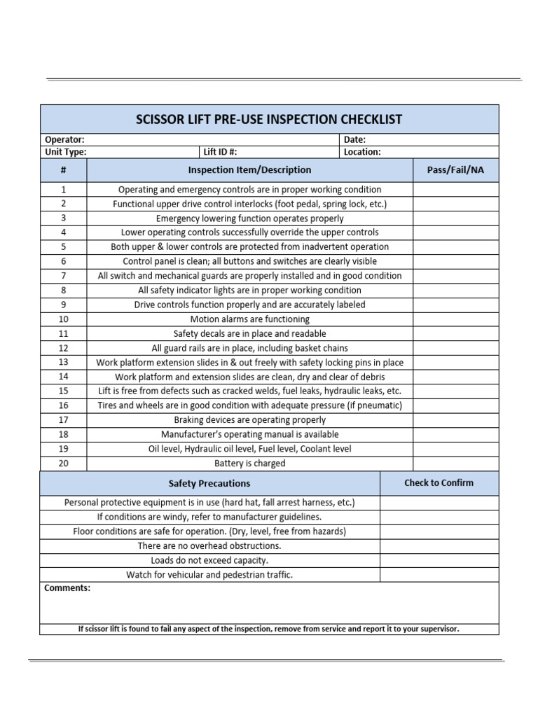 Scissor Lift Pre-Use Inspection Checklist | PDF | Elevator | Mechanical ...