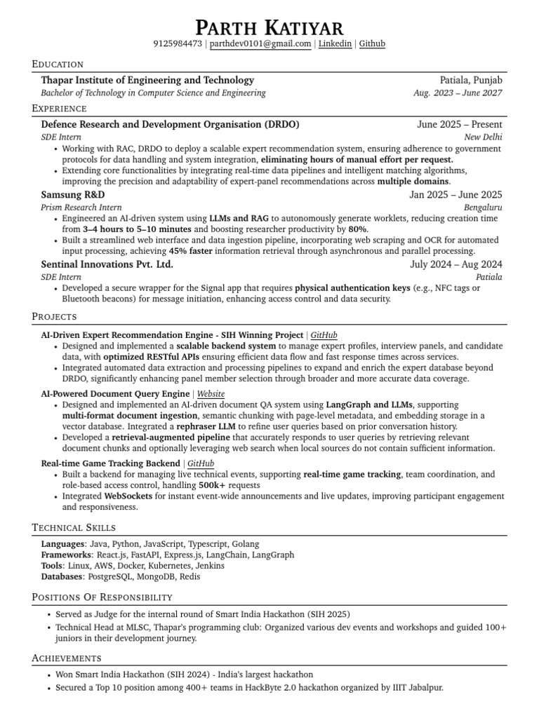 Resume - Parth Katiyar | PDF | Databases | Information Retrieval