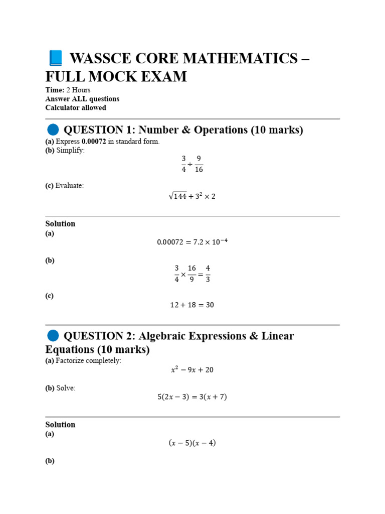 WASSCE Core Mathematics Mock Exam | PDF | Mathematics | Equations