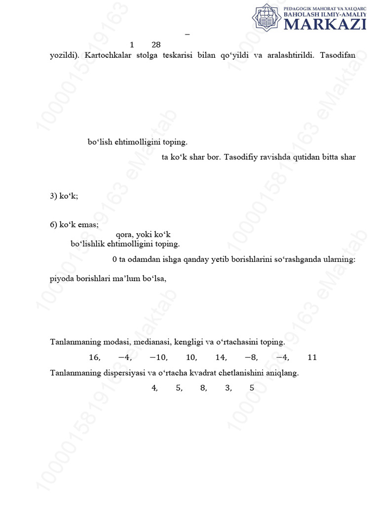 9 Sinf Umumta'Lim Algebra IV Chorak BSB-8 I Variantx | PDF