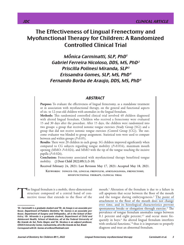 Lingual Frenectomy and Myofunctional Therapy in Children | PDF ...