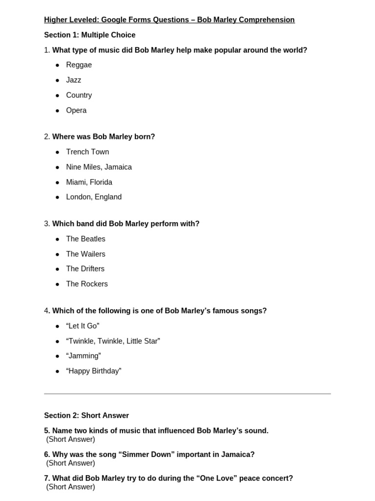 Bob Marley Comprehension Questions | PDF | Bob Marley | Reggae