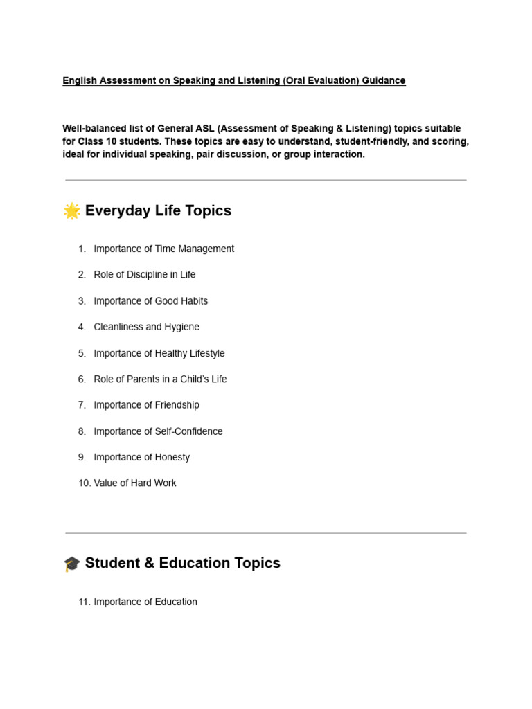Class 10 ASL Speaking Topics Guide | PDF | Learning | Behavior Modification