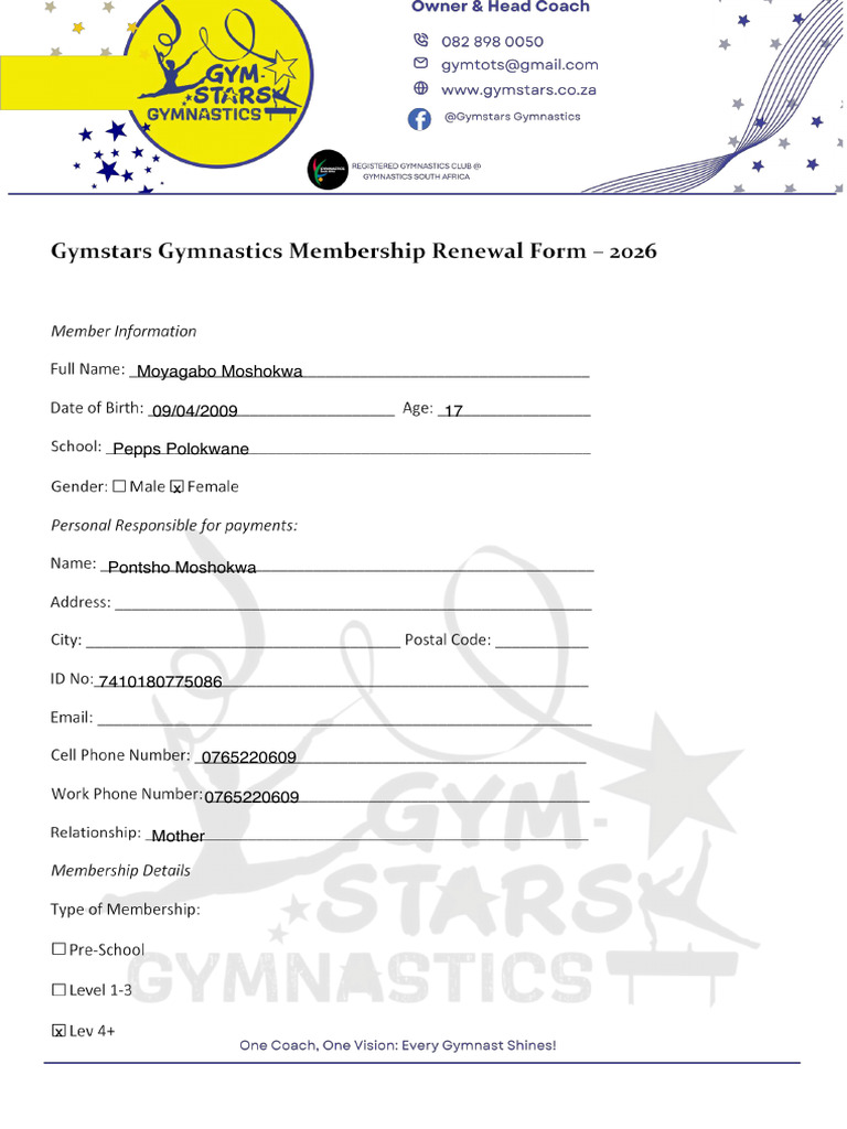 Gymstars Gymnastics Membership Renewal 2026 | PDF