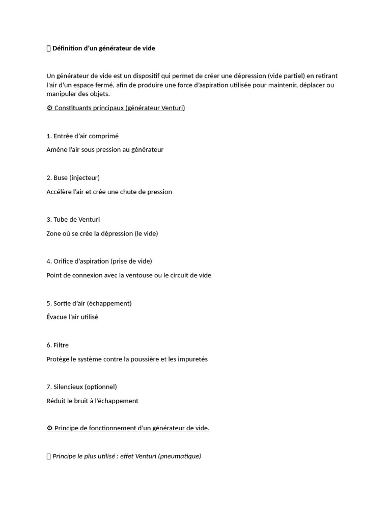 Générateur de vide : fonctionnement et composants | PDF