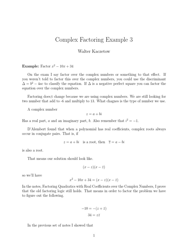 Factoring Quadratics with Complex Numbers | PDF