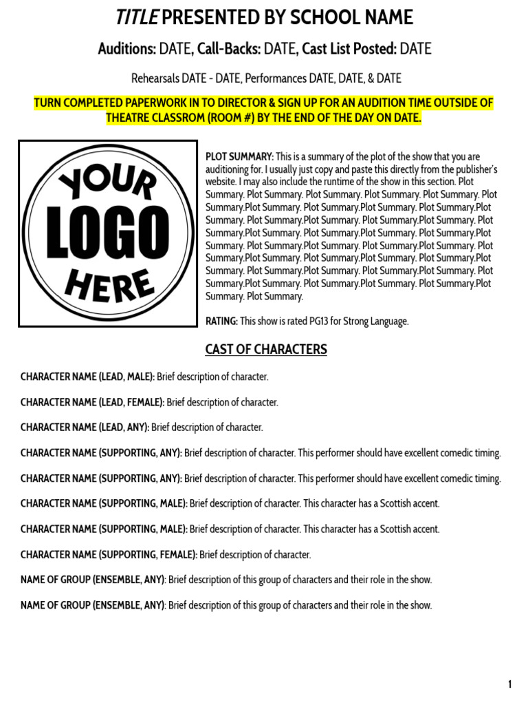 School Play Audition Details & Guidelines | PDF | Audition | Monologue