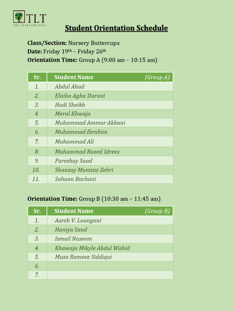 New Nursery Student Orientation Schedule | PDF