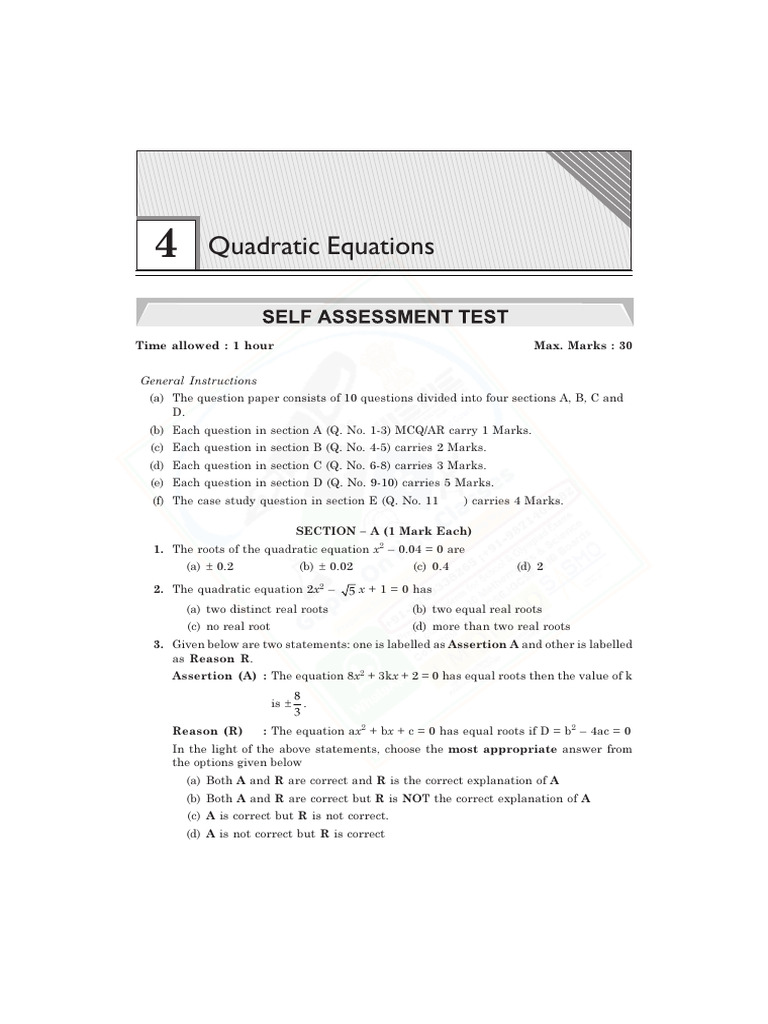 Quadratic Equations Self Assessment Test | PDF | Quadratic Equation ...