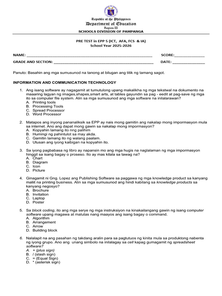 Pre Test in Epp 5 | PDF