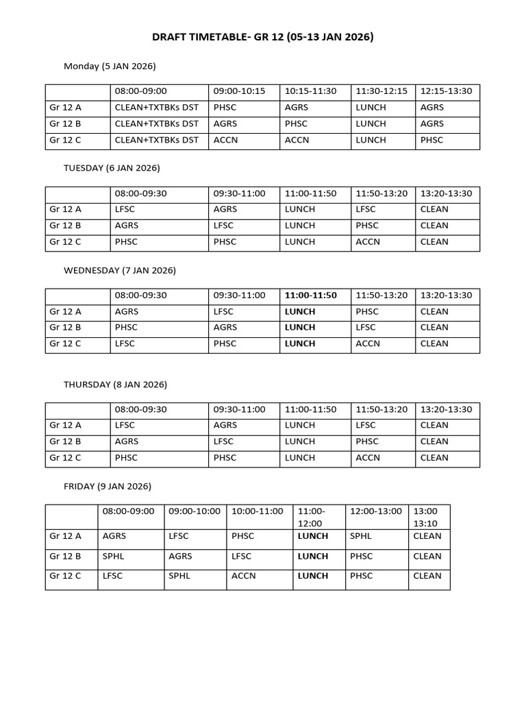 Grade 12 Timetable: Jan 5-13, 2026 | PDF