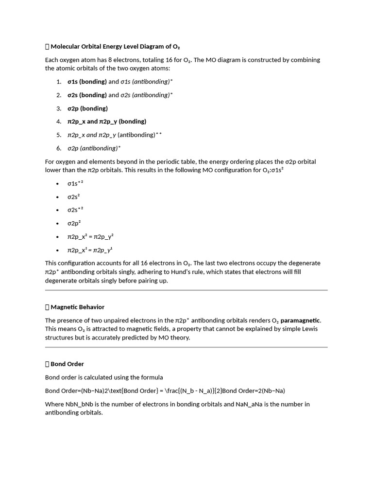 ? Molecular Orbital Energy Level Diagram of O | PDF