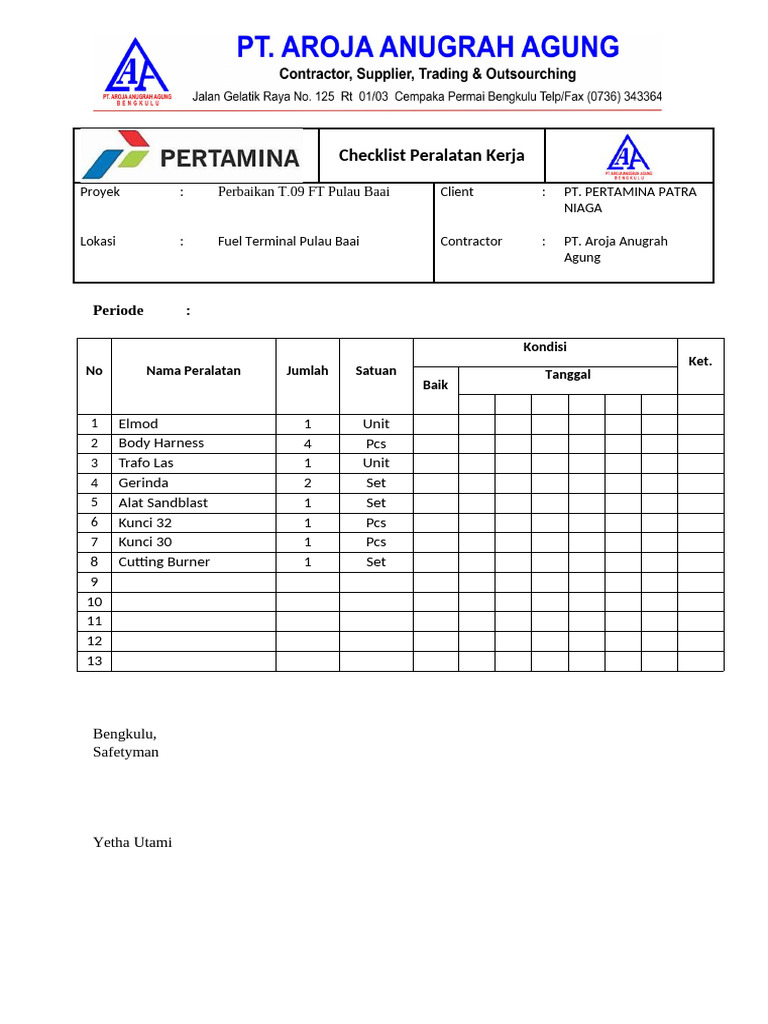 Checklist Peralatan Kerja Proyek Pulau Baai | PDF