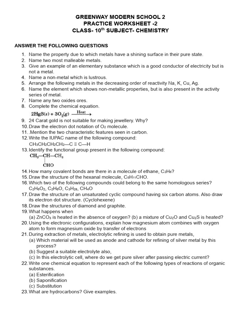 Class 10 Chemistry Practice Worksheet 2 | PDF