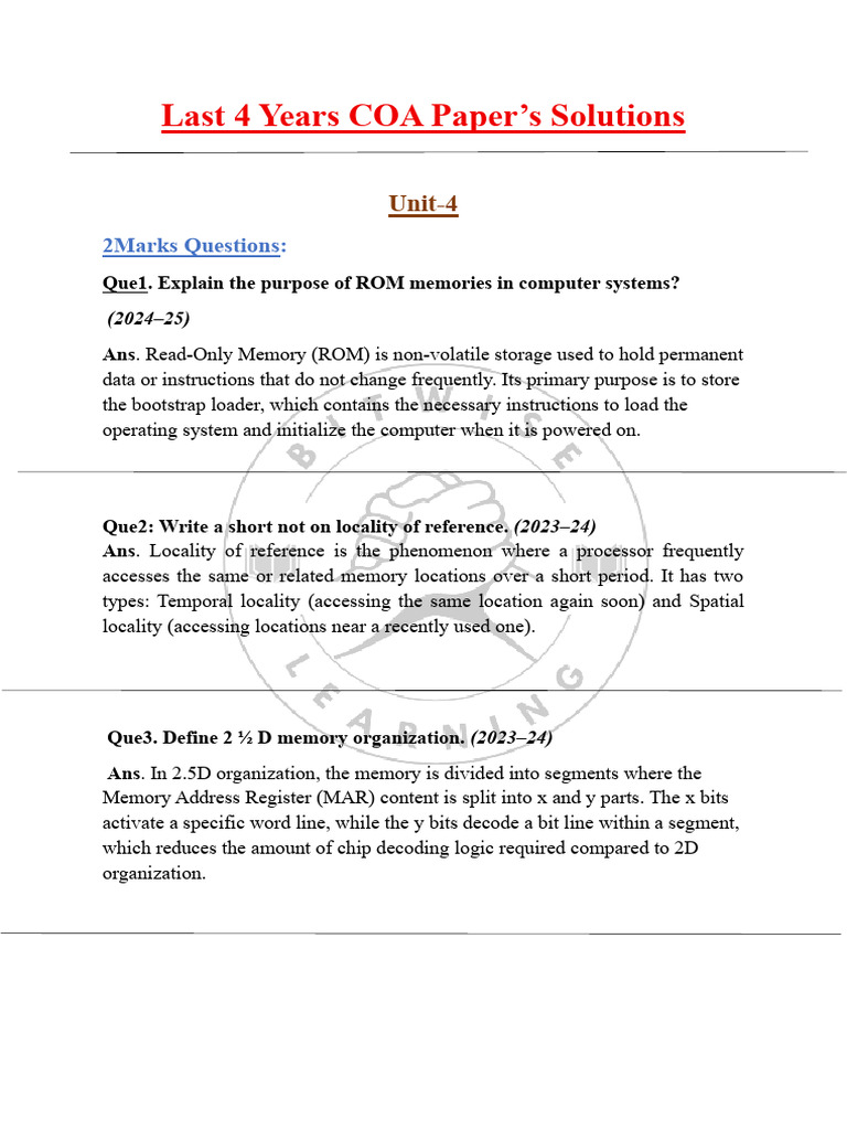 Coa Unit-4 Pyq's Sol | PDF | Random Access Memory | Cpu Cache