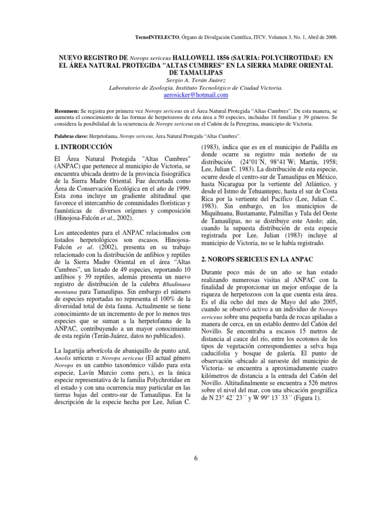 Registro de Norops sericeus en ANPAC | PDF | Especies | Conservación