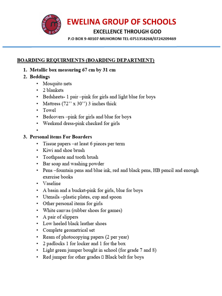 Boarding Requirements for Ewelina Schools | PDF
