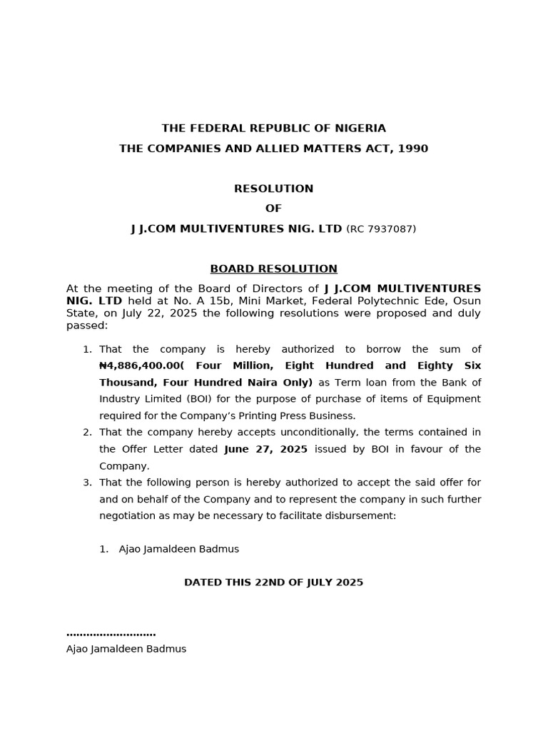 Board Resolution Letter J J.com | PDF