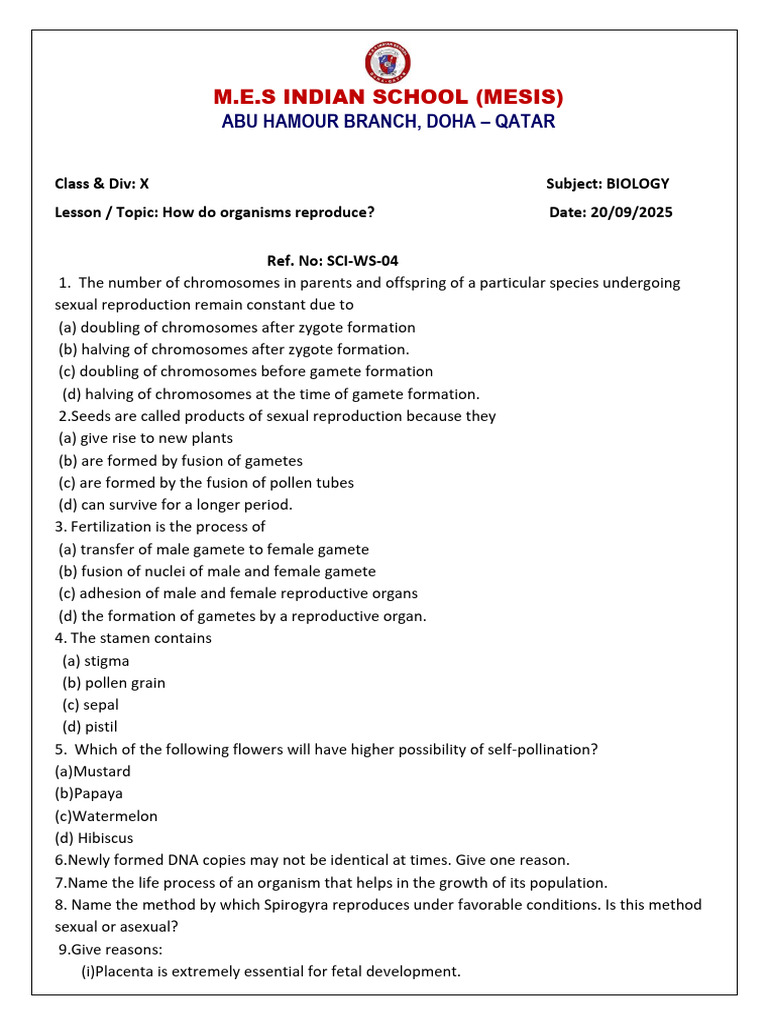 Biology Worksheet: Organism Reproduction | PDF