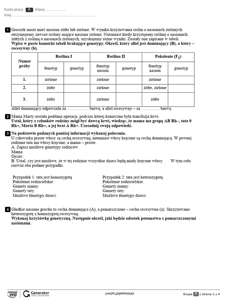 krzyżówki genetyczne Karta pracy | PDF