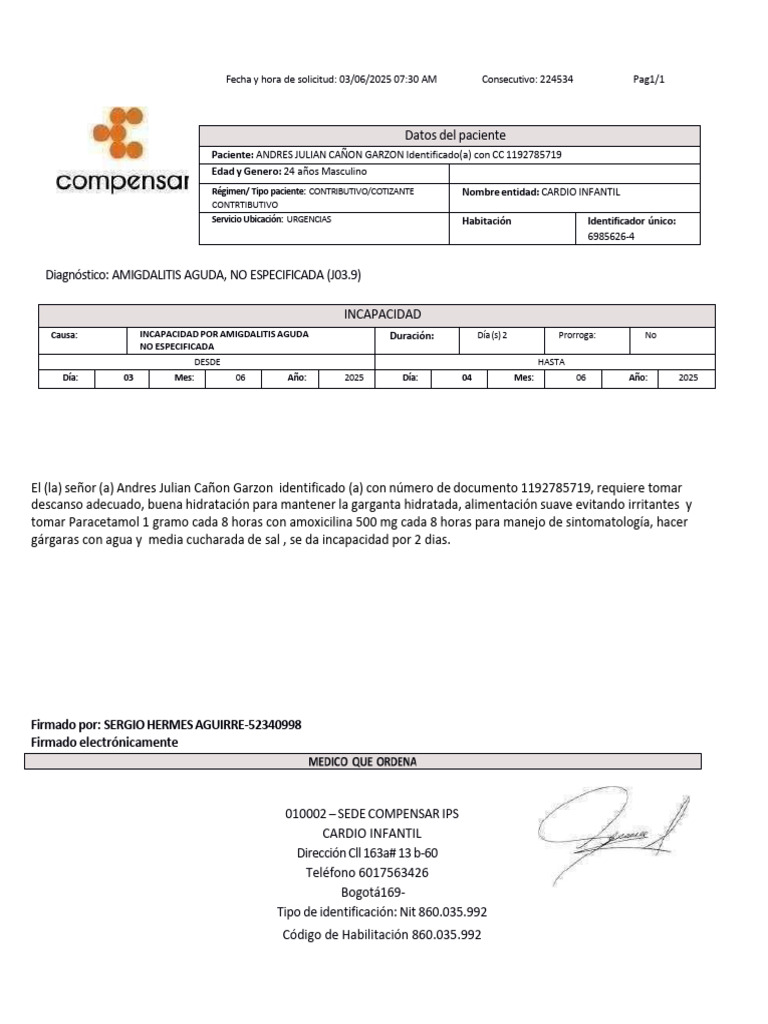 Incapacidad Compensar Andres Junio | PDF