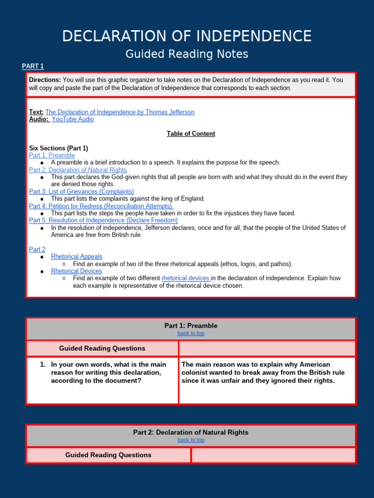 Guided Notes on the Declaration of Independence | PDF | United States ...
