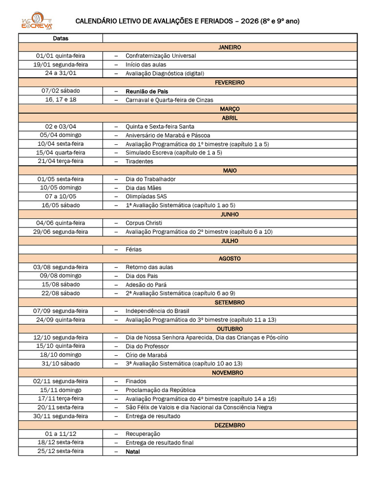 Calendário Letivo 2026: Avaliações e Feriados | PDF | Comemorações